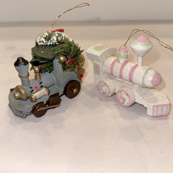 Holiday | Two Train Ornaments 1 Wooden With Wreath Teddy Bear 1 Ceramic ...